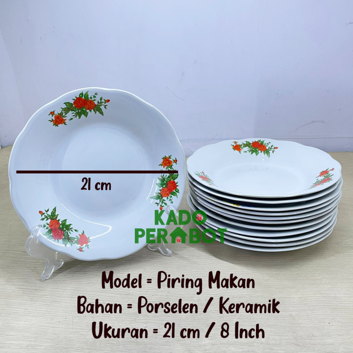 Piring makan keramik motif kembang ukuran 21cm - piring putih - piring ...