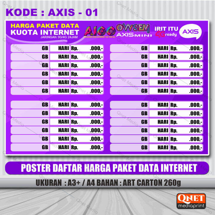 POSTER KONTER DAFTAR HARGA PAKET ISI ULANG KUOTA | Lazada Indonesia