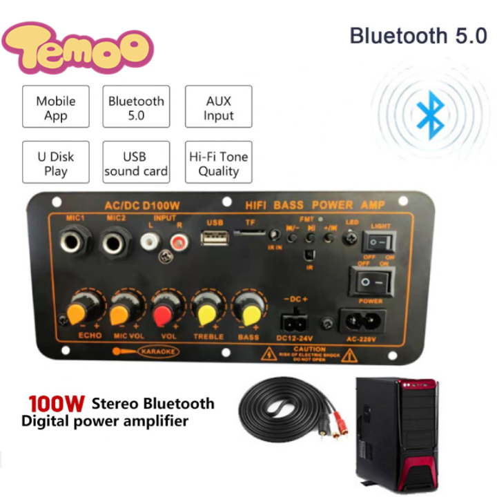 Temoo D100 220V 12V 24V Digital Bluetooth 5.0 Amplifier Board Subwoofer Dual Microphone ...