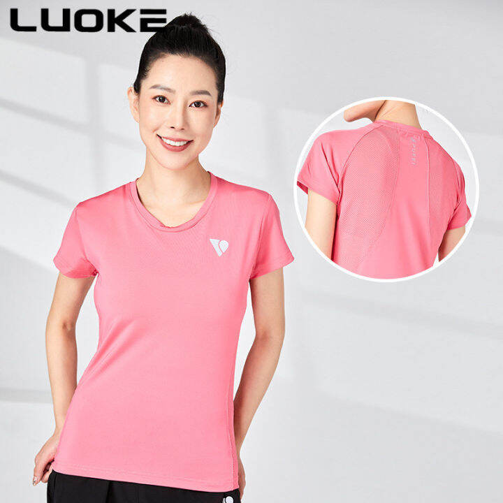 LUOKE ยิมสตรีแขนสั้นวิ่งเสื้อผ้าแห้งเร็วคอกลมบางยืดหยุ่นสูงเสื้อผ้า ...
