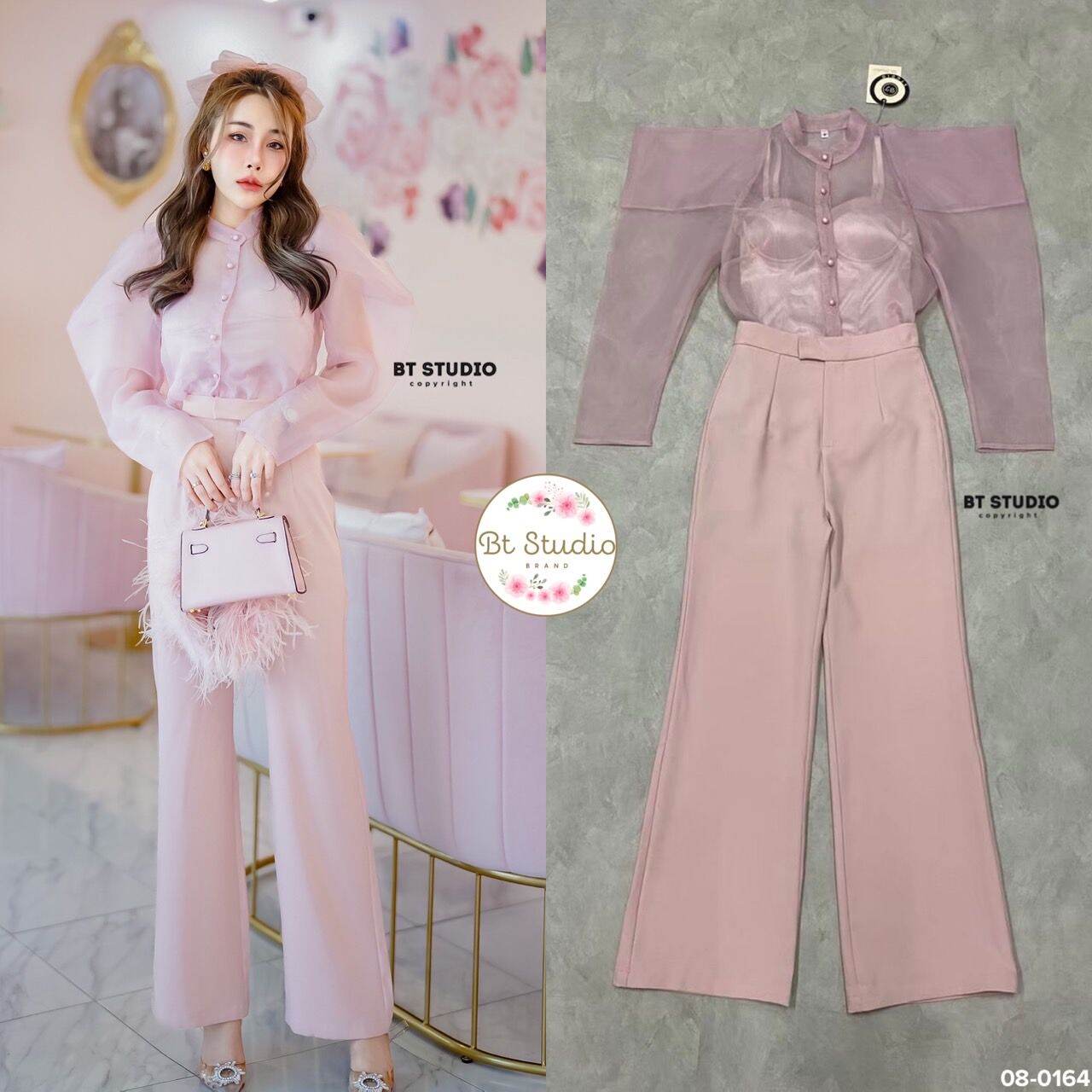 งานป้าย BT-Studio set 3ชิ้นเสื้อเชิ้ตชีฟองแต่งแขนตั้งกระดุมหน้า มาพร้อมเสื้อครอปสายเดี่ยว ...