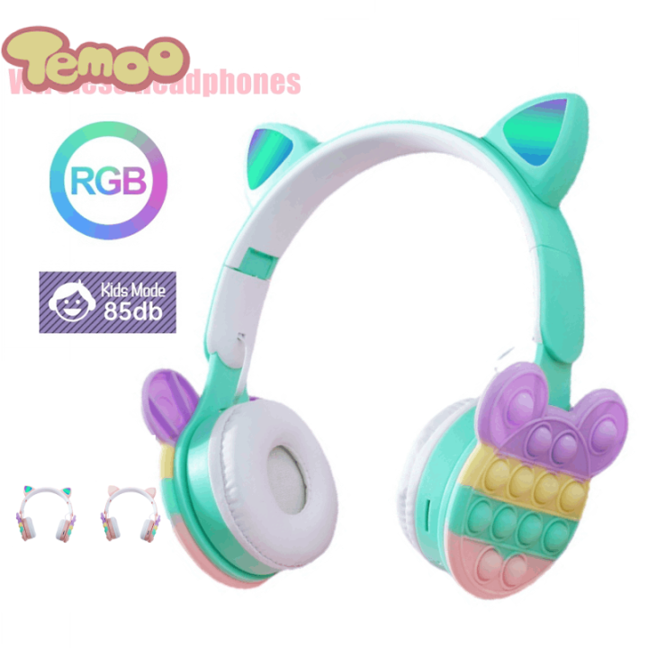 Temoo หูแมวชุดหูฟังเล่นเกมเด็กผู้หญิงน่ารัก,หูฟัง LED พร้อมไมค์ปลั๊ก3.5 ...