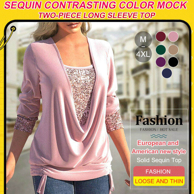 huowa Sequin Ruched Faux Two-Piece Top | Lazada PH