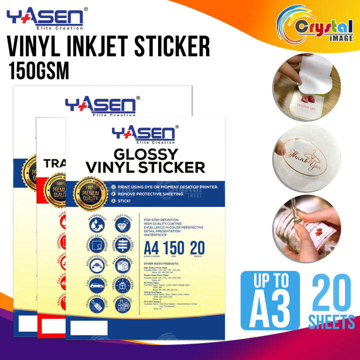 Yasen Printable Vinyl Sticker ( A4 / A3 Size, Glossy, 150gsm, 20 Sheets ...