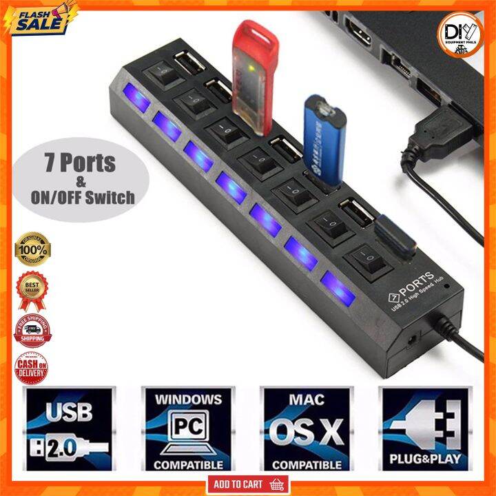 ORIGINAL USB 7 PORT HUB WITH ON / OFF SWITCHUSB PLUG-IN 7-PORT HUB CONVERTER WITH BLUE 7-PORT ...