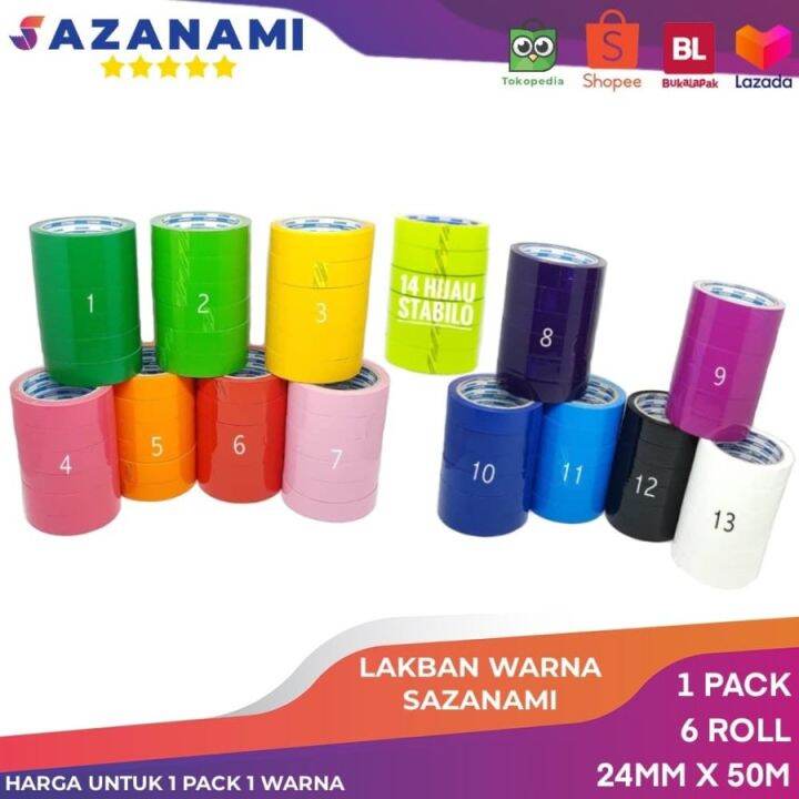 1 PACK ISOLASI WARNA 1" INCH 24MM x 50M SAZANAMI LAKBAN WARNA WARNI ...
