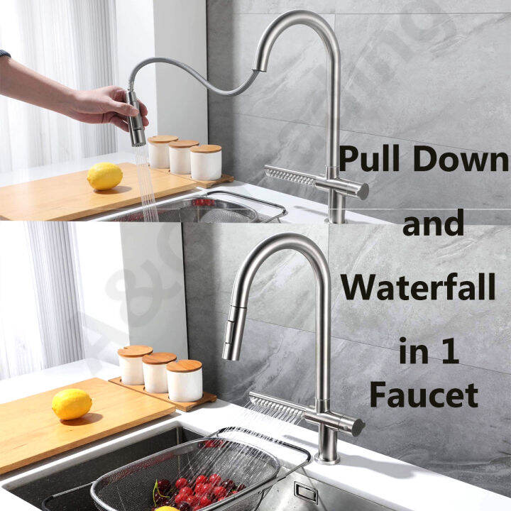 2 in 1 Kitchen Faucet 304 Stainless Pull Down and Water Fall Faucet Hot ...