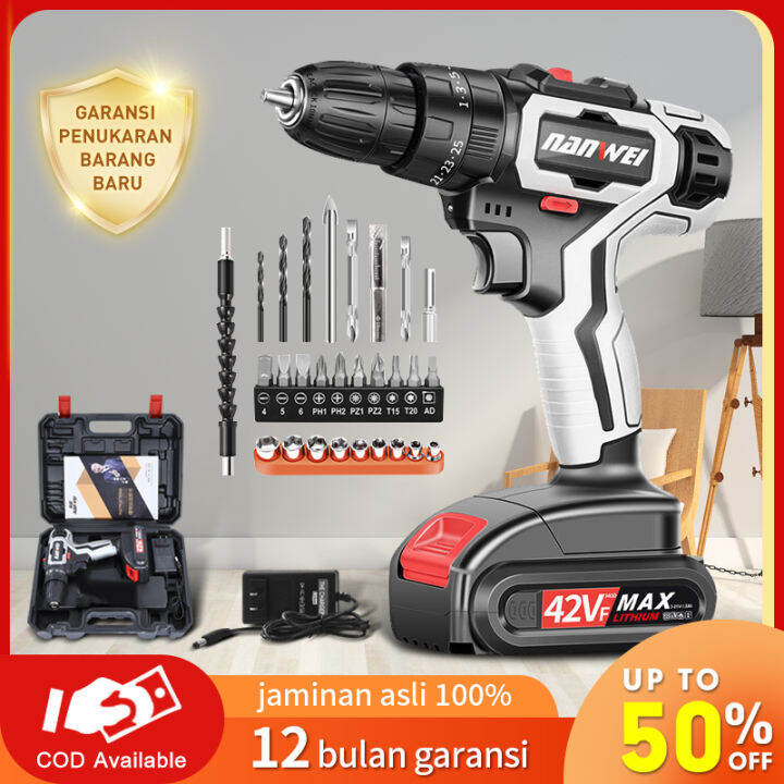 42VF Mesin bor cordless/bor baterai/ bor listrik/beton besi kayu full ...