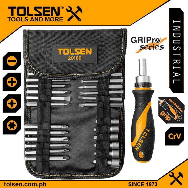 Tolsen 26pcs Bit Set w/ 1 Ratchet Handle (Philips, Pozi, Flat, Torx ...