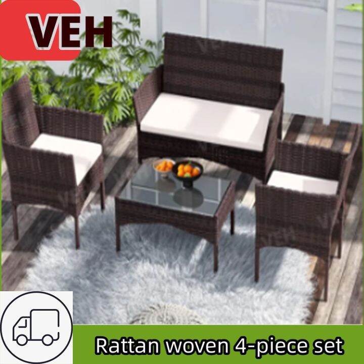 VEH outdoor tables and chairs set，4 Pieces Patio Outdoor Rattan with ...