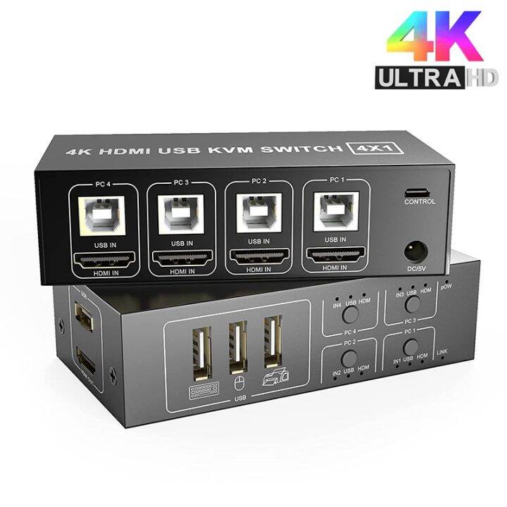 4 Port HDMI KVM Switch 4x1 HDMI USB Switch Share 4 Computers with One ...