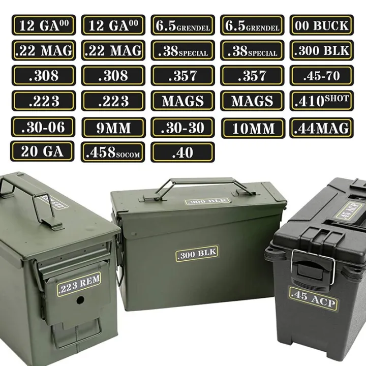 Ammo Can Sticker .22 .223 .308 .300 .380 5.56 7.62 9MM 12GA .357 6.5 CM ...