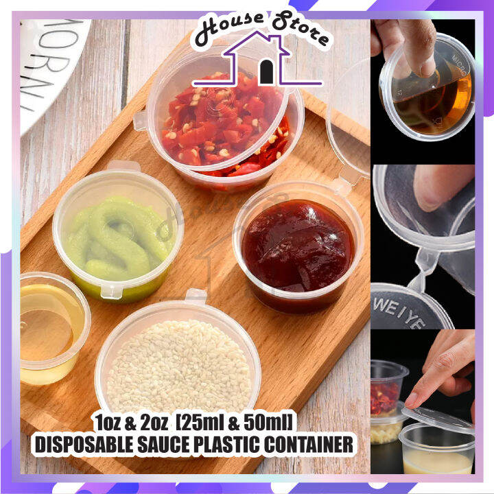 HS 1oz/2oz Round Disposable Plastic Food Container Hinged Lid - 50pcs ...