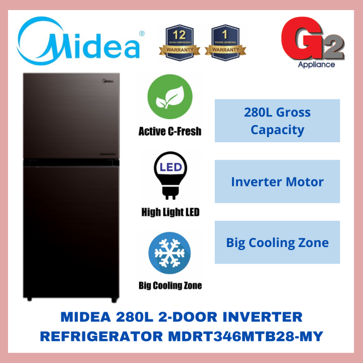 MIDEA (Ready Stock) 280L 2-DOOR INVERTER REFRIGERATOR MDRT346MTB28-MY | Lazada