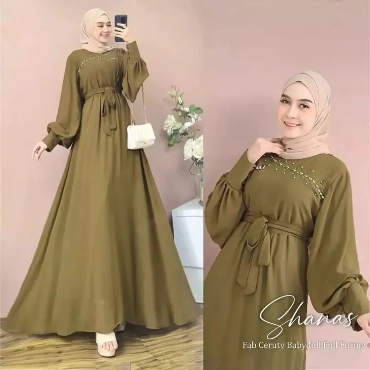 GHIFAR - Baju Gamis Remaja Aplikasi Mutiara Mewah, Model Lengan Balon ...