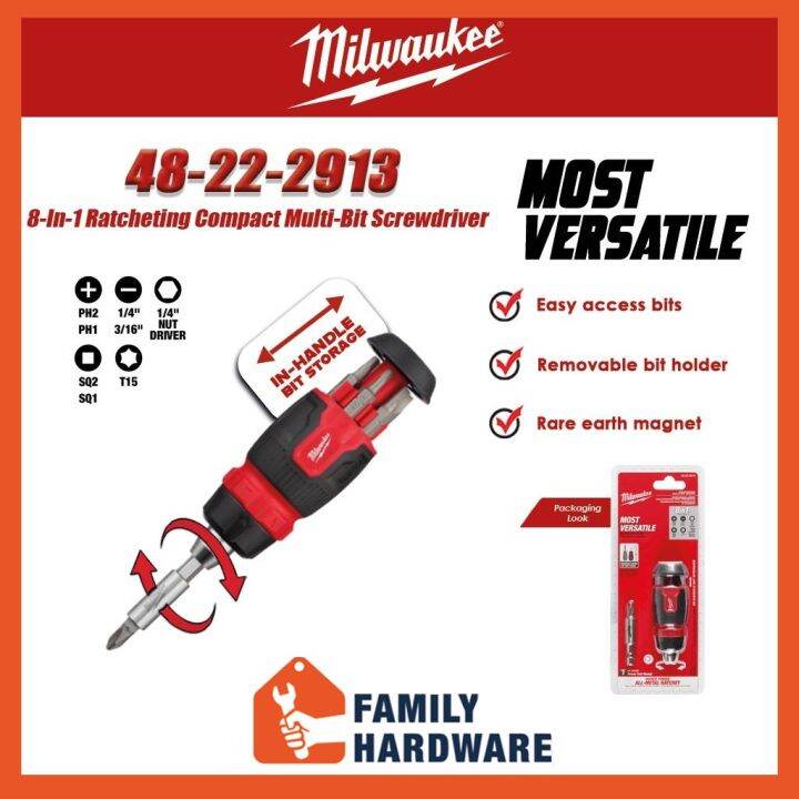 MILWAUKEE 48-22-2913 8-in-1 Ratcheting Compact Multi-Bit Screwdriver In ...