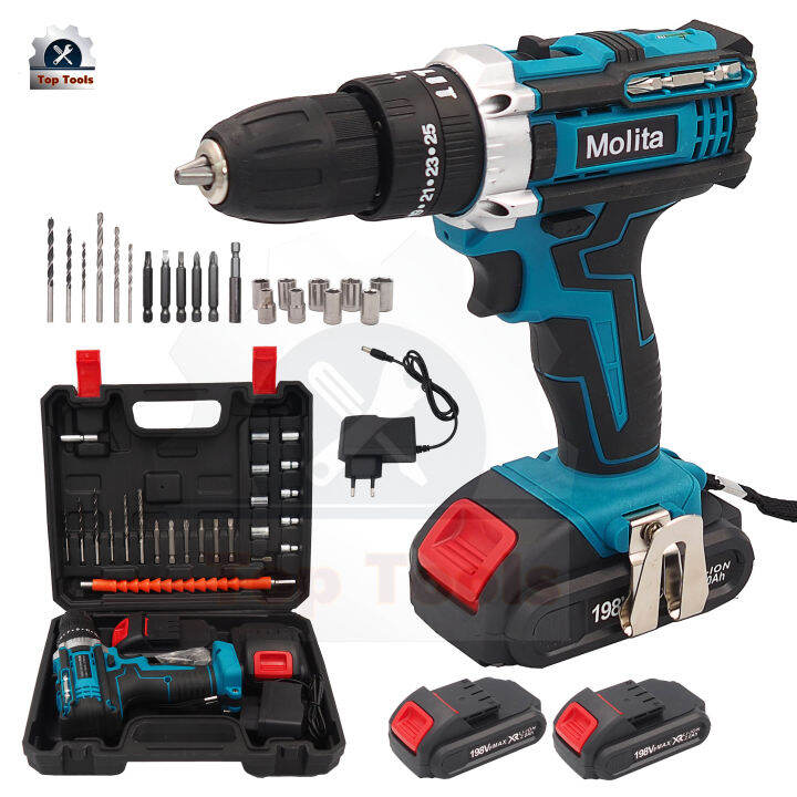 Molita สว่านไร้สาย 198V สว่านกระแทก 3 ระบบ แบตเตอรี่ 2 ก้อน สว่านแบต สว่านพร้อม ดอกสว่าน และ ...