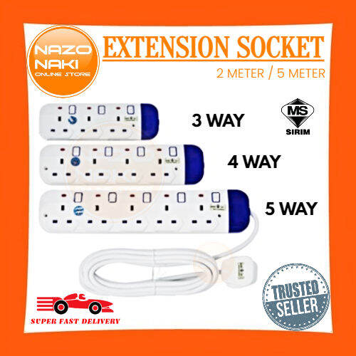 [Sirim] 2M / 5M Extension Trailing Socket w Neon Plug Adaptor Multiple Universal Adapter Cord 3 ...