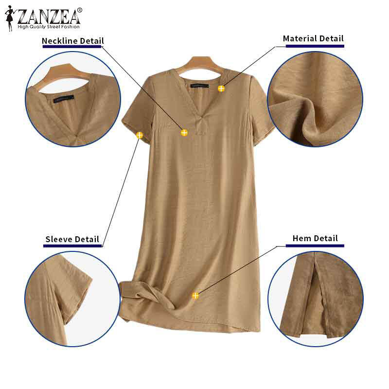 Esolo ZANZEA ชุดเดรสคลุมเข่าแขนสั้นคอวีแนววินเทจสำหรับผู้หญิงเสื้อทรงหลวมฤดูร้อน KRS #11 ...