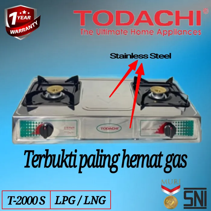 KOMPOR GAS 2 TUNGKU STAINLESS ( LPG / GAS ALAM ) TODACHI T-2000S ...