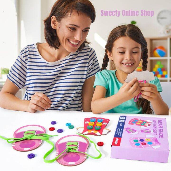 4IN1 Wooden Lacing Shoe Learn to Tie Shoelaces Clothes Button Fine ...