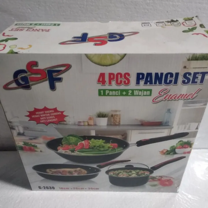 GSF teflon wajan panci set 4 in 1 enamel tutup kaca | Lazada Indonesia