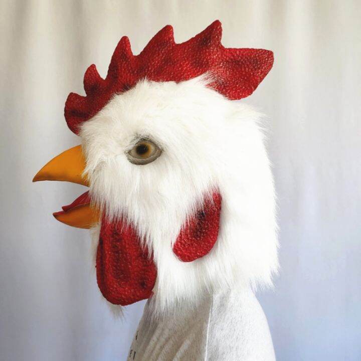 New White Plush Rooster Head Cover Latex Mask Full Face Chicken Head ...
