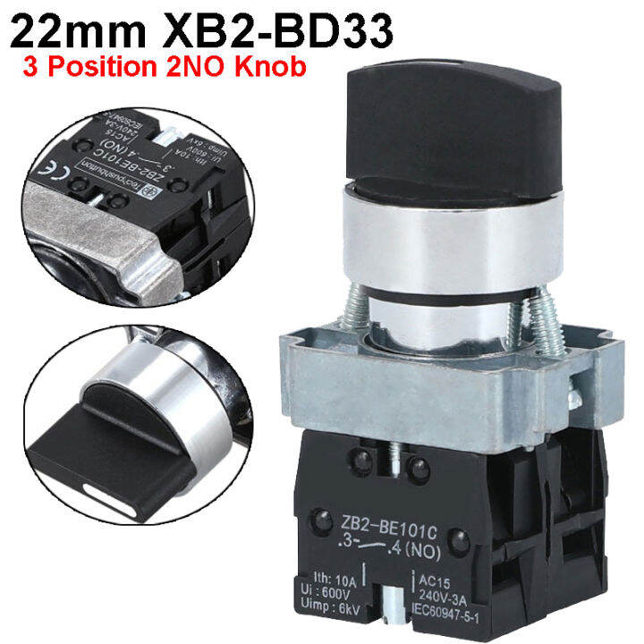 22mm XB2-BD33 3 Position 2NO Knob Switch 10A/415V Lock-in Selection Switch ZB2-BE101C Two Roads ...