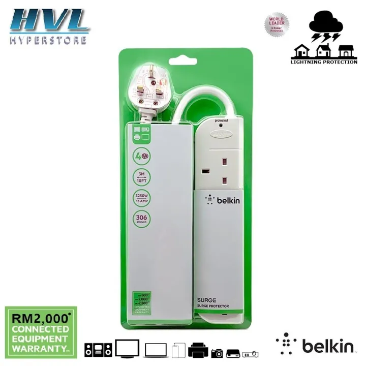 Belkin 4 Outlet Surge Protector Cord (3 METER)Plug extension BLK ...
