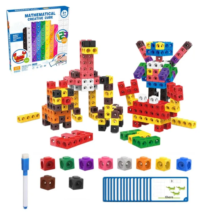 Math Linking Cubes Building Blocks Toys with Cards Pen Preschool Early ...