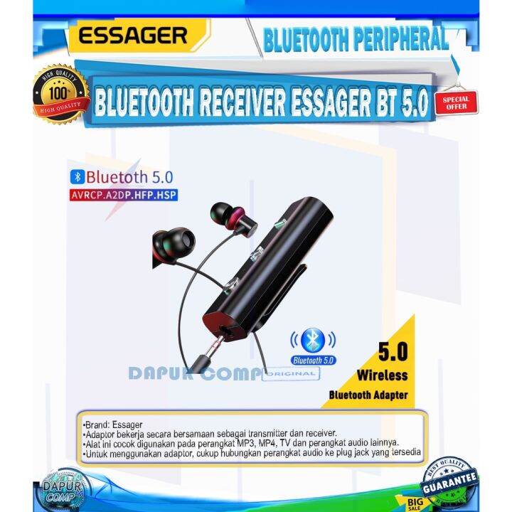 ESSAGER BLUETOOTH RECEIVER 5.0 EARPHONE ADAPTER JACK 3.5MM ADAPTOR ...