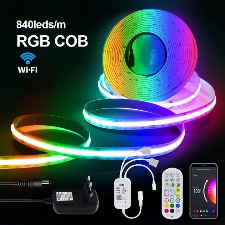 24V RGB COB LED Strip 840LEDs/M High Density WIFI Bluetooth APP Control ...