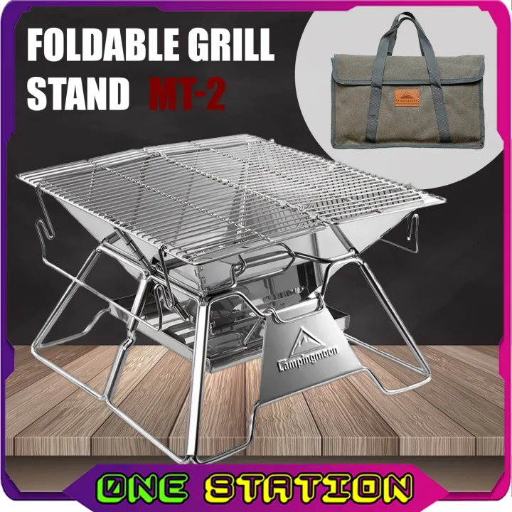 CAMPINGMOON MT2 Foldable Grill Barbecue Pit Stove Stainless Steel BBQ Grill Stand Carry Bag ...
