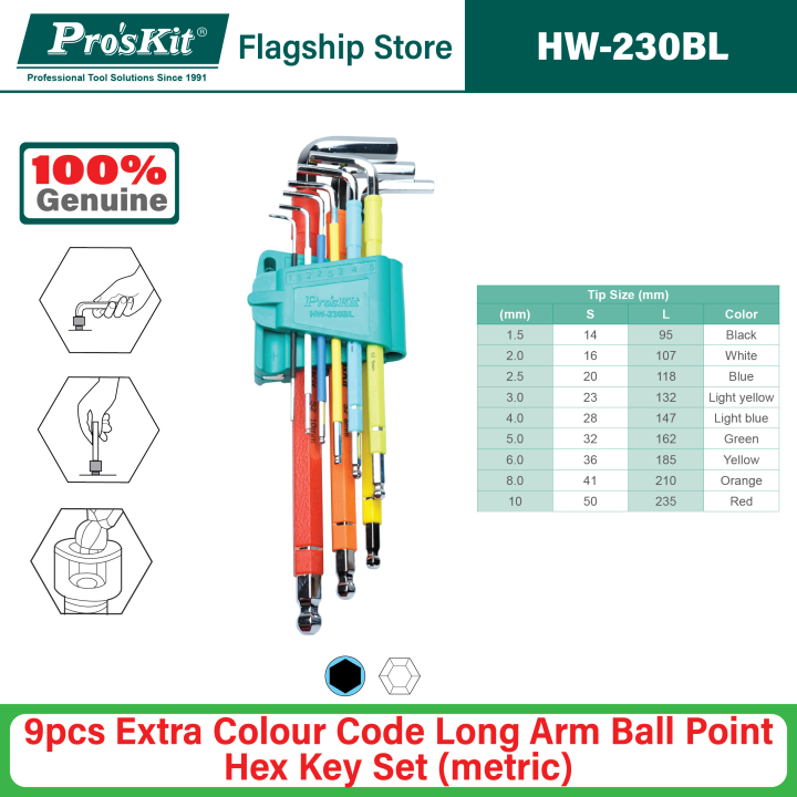 Pro'sKit HW-230BL 9pcs Colour Coded Extra Long Arm Ball Point Hex Key Set - Metric | Lazada
