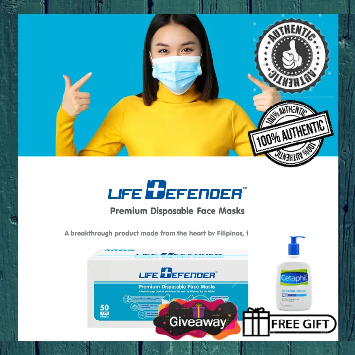 LIFE DEFENDER PREMIUM DISPOSABLE FACE MASKS 3 PLY (50 pcs) - BLUE ...