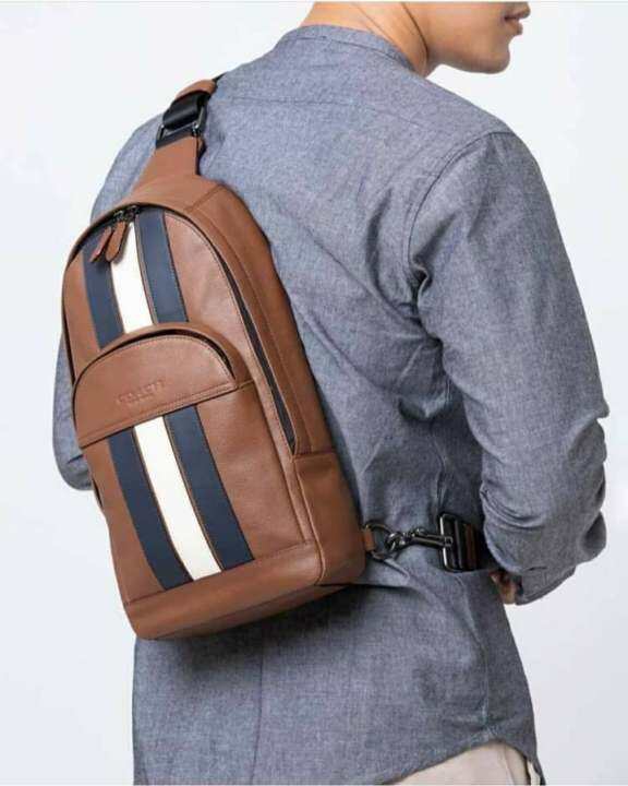 Original Coach F49318 Houston Pack Sling Bag With Varsity Stripe-Brown ...