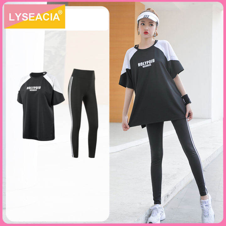 LYSEACIA ผู้หญิงชุดออกกำลังกายยิมแขนสั้นเสื้อกีฬา + ยืดหยุ่นเลกกิ้งฟิตเนส2ชิ้นชุดเล่นโยคะหญิงชุด ...