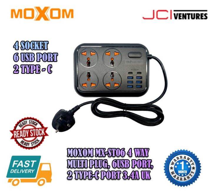 MOXOM MX-ST06 4 WAY MULTI PLUG, 6USB PORT, 2 TYPE-C PORT 3.4A UK | Lazada
