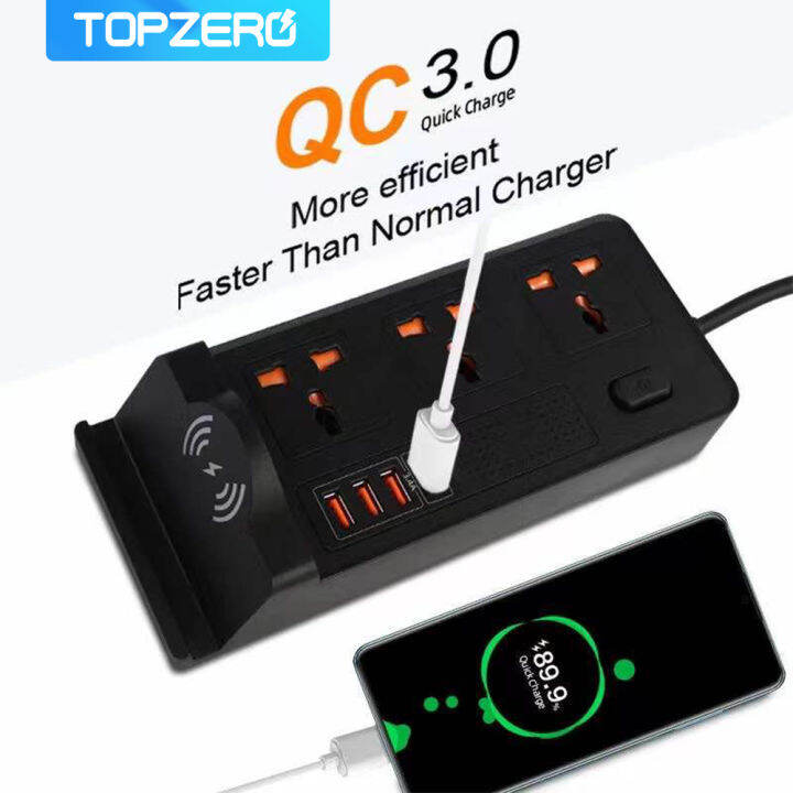 TOPZERO 2500W Universal 3 Outlet Surge Protector 10W wireless Charging ...