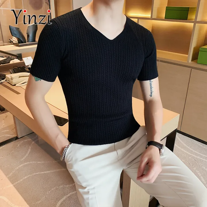 YINZI ฤดูร้อน V คอเสื้อยืดถักผู้ชายคุณภาพเสื้อผ้าสไตล์อังกฤษ2021เข้ารูป ...