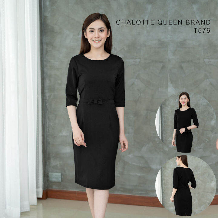 ChalotteQueenBrand T576 เดรสสีดำ คอกลม แขนห้าส่วน ทรงสอบ | Lazada.co.th