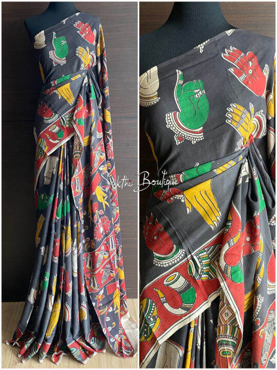 Kalamkari Crepe Silk Saree With Hand Block Printing Technique Using ...