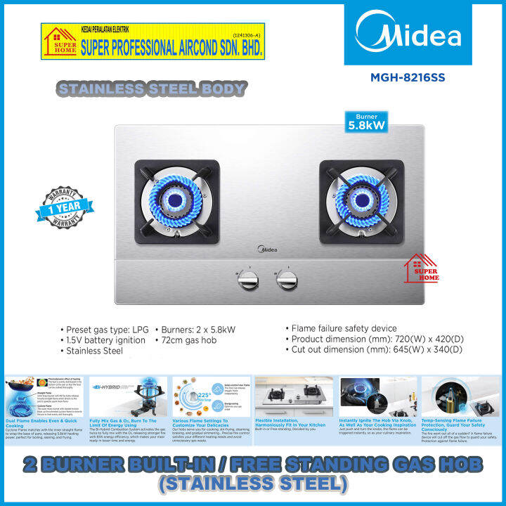 Midea Built-in Hob MGH-8216SS 72cm Stainless Steel Body Cooker Gas Hob ...