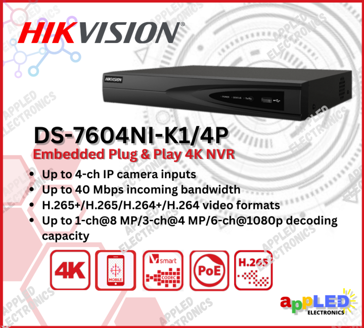 Hikvision DS-7604NI-K1/4P 4CH 1U 4 PoE 4K NVR with 4 Built-in PoE Interfaces | Lazada PH