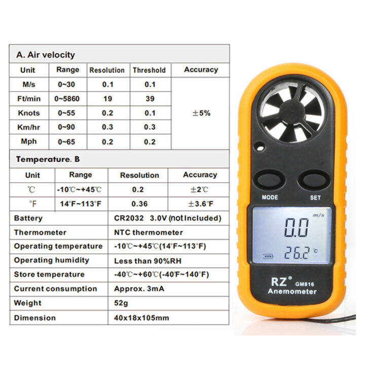 GM816 Anemometer Wind Speed Mini Air Velocity Airflow Temperature with ...