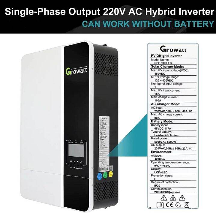 Growatt 5KW Hybrid Solar Inverter 48V 230VAC with Connect in Parallel 80A/100A MPPT Solar ...