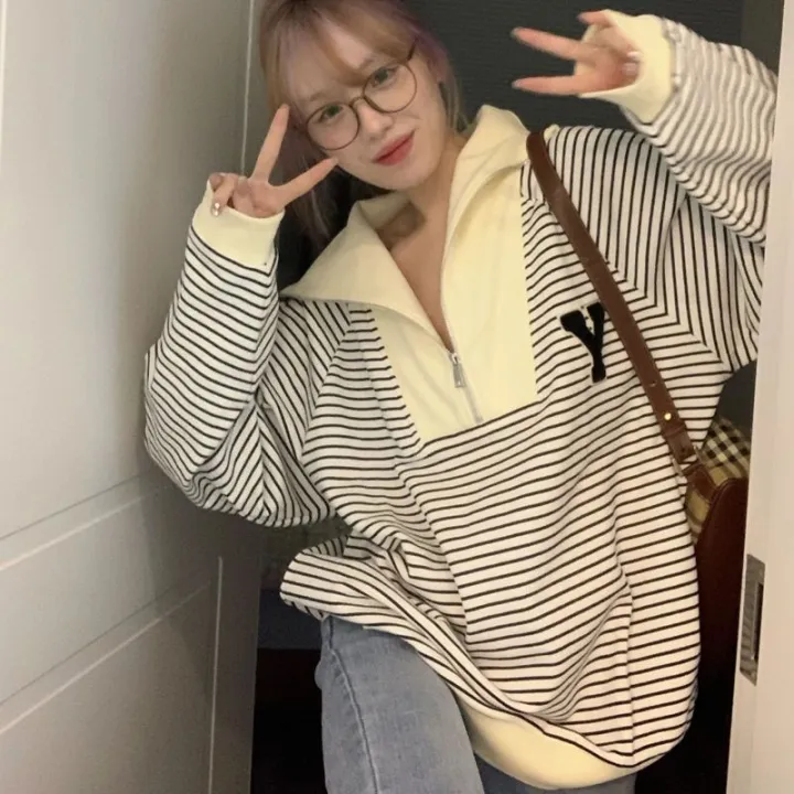 Coconie เสื้อกีฬาคอกลมลายทางสำหรับผู้หญิงเสื้อกีฬาแขนยาวสไตล์เกาหลีแบบ ...