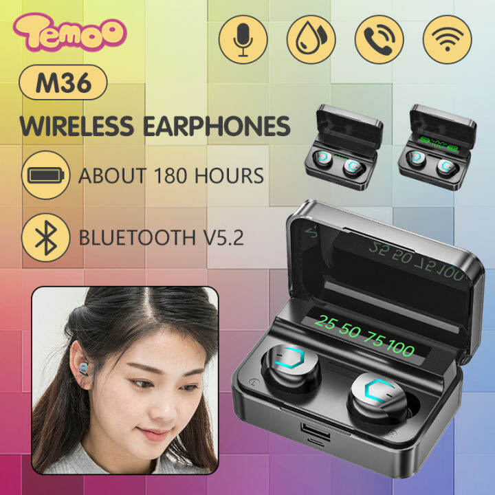 Temoo หูฟังไร้สาย TWS สีดำ,หูฟังบลูทูธหูฟังสเตอริโอเฮดเซ็ตกันน้ำ Hi-Fi สำหรับเล่นกีฬาหูฟังลด ...