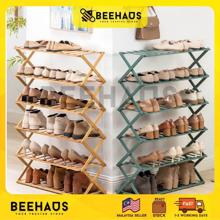 BEEHAUS Installation-Free Bamboo Foldable Shoe Rack | Wooden Shoe ...