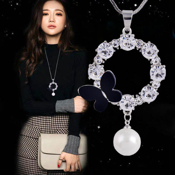 SINLEERY Vintage อะคริลิค Hollow รอบไข่มุกจี้ยาวสร้อยคออุปกรณ์เสริมผู้หญิงเครื่องประดับ MY428 ...